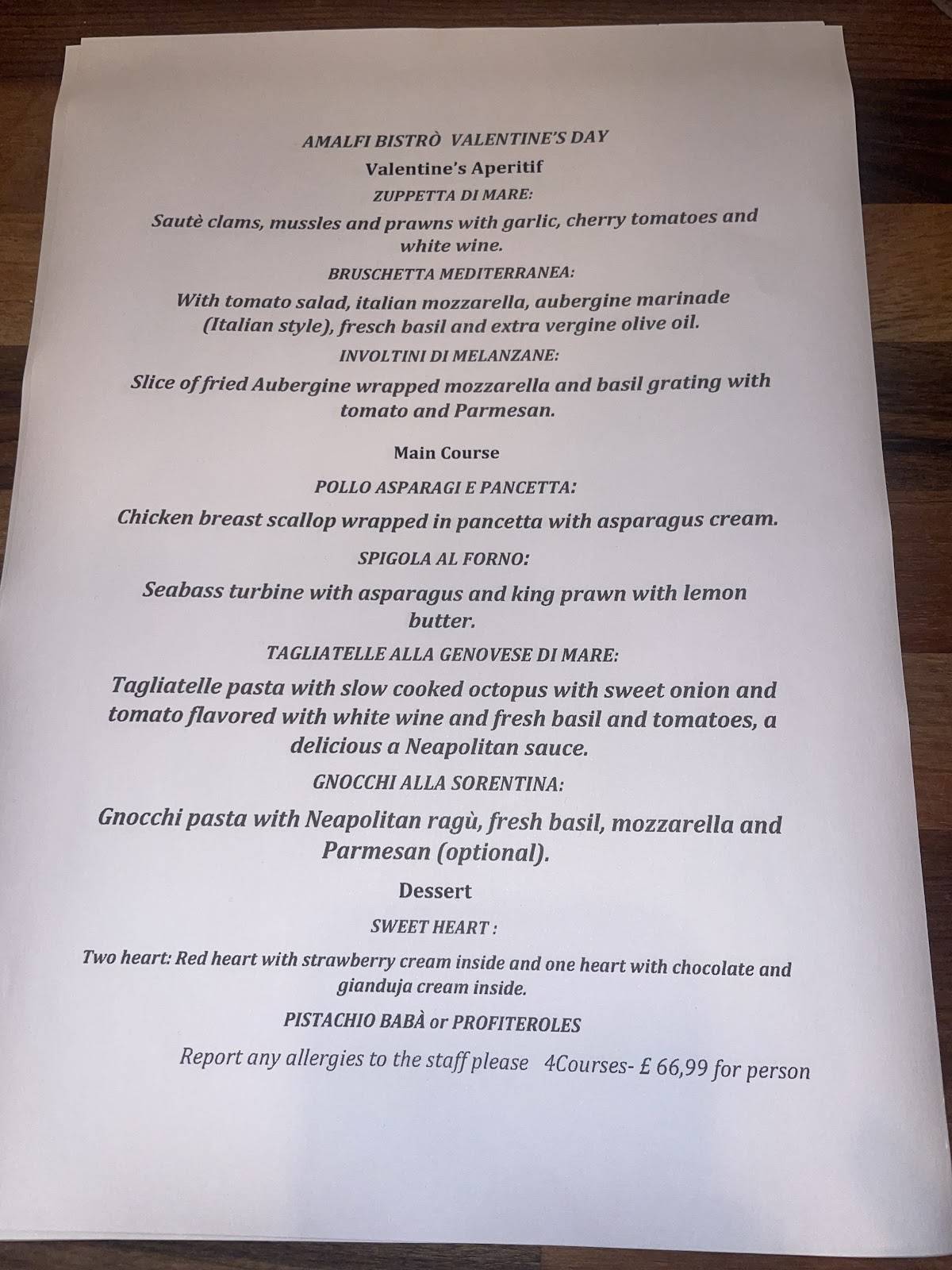 Menu at Amalfi restaurant, Chelmsford