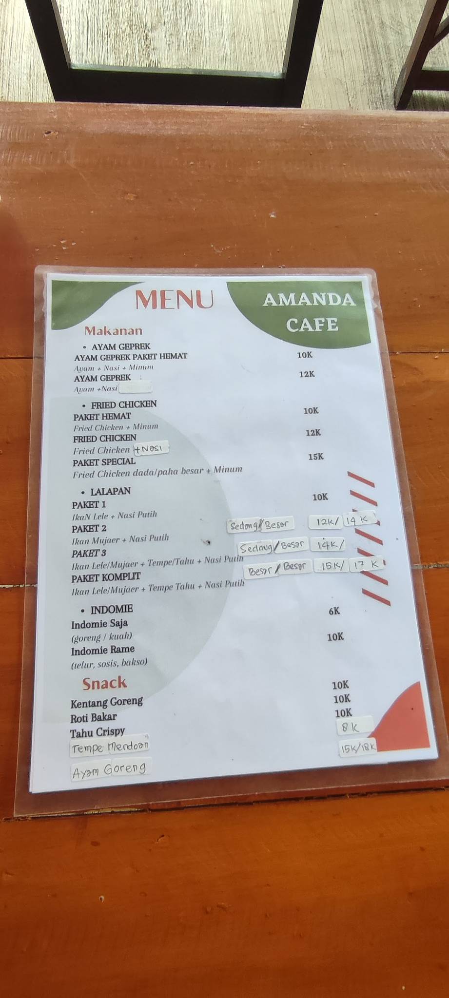 Menu at Amanda Cafe, Codo