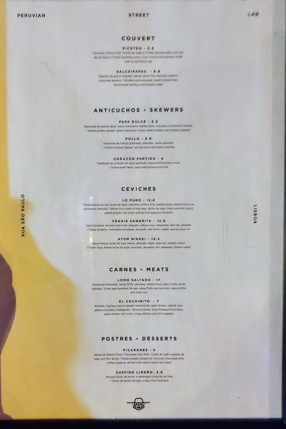 Menu em Amaru - Peruvian Street Lab restaurante, Lisboa