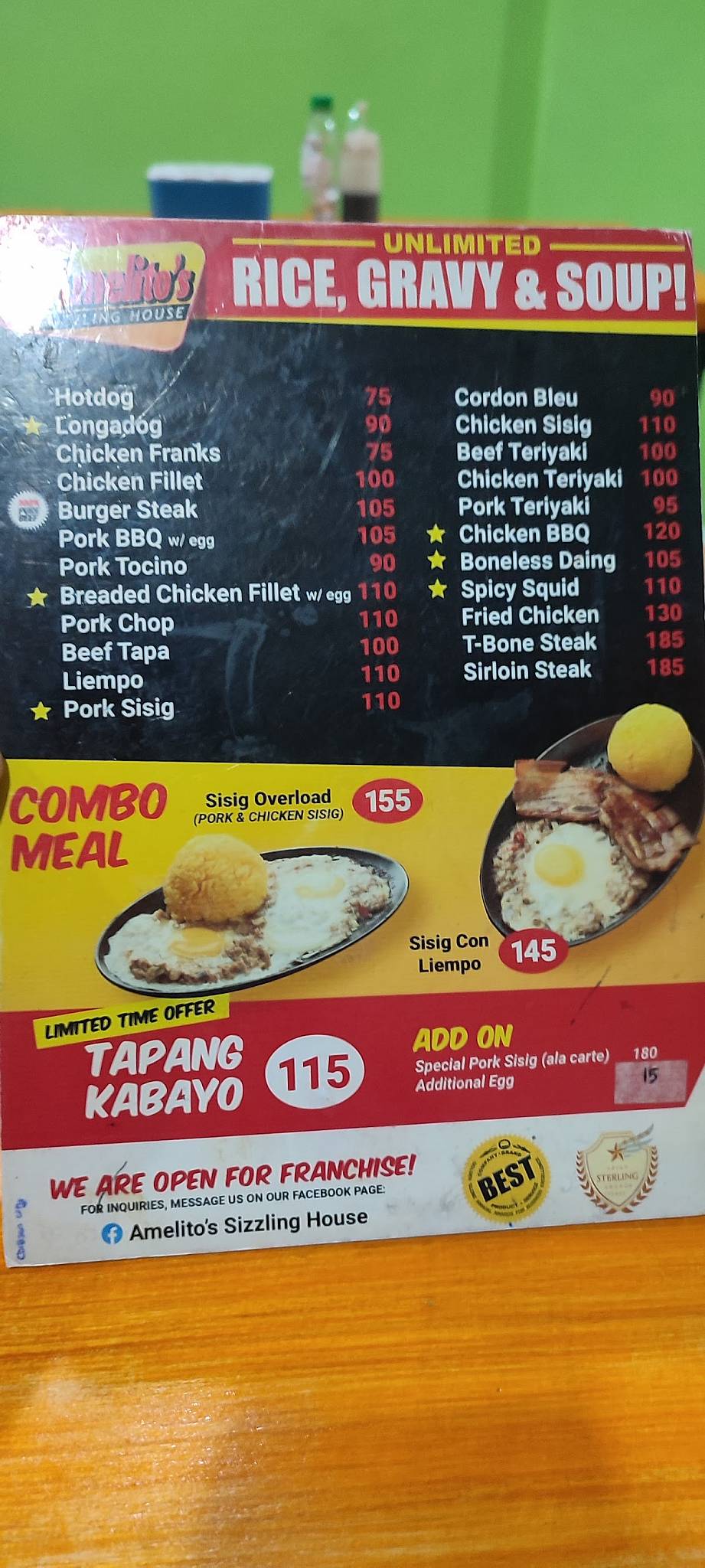 Menu at Amelito's Sizzling House restaurant, Quezon City, M365+VHG