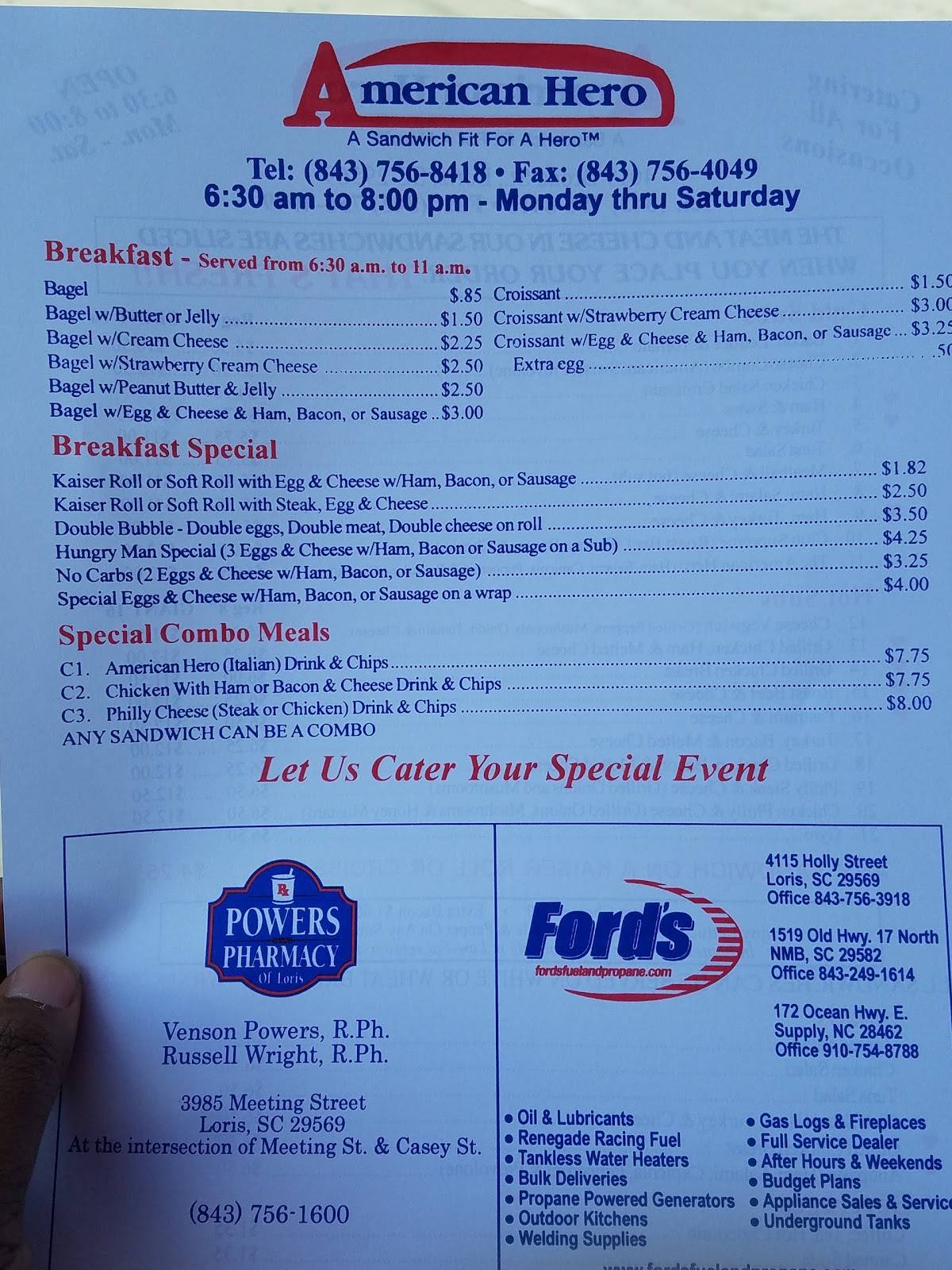 Menu at American Hero Subs & Bagels restaurant, Loris