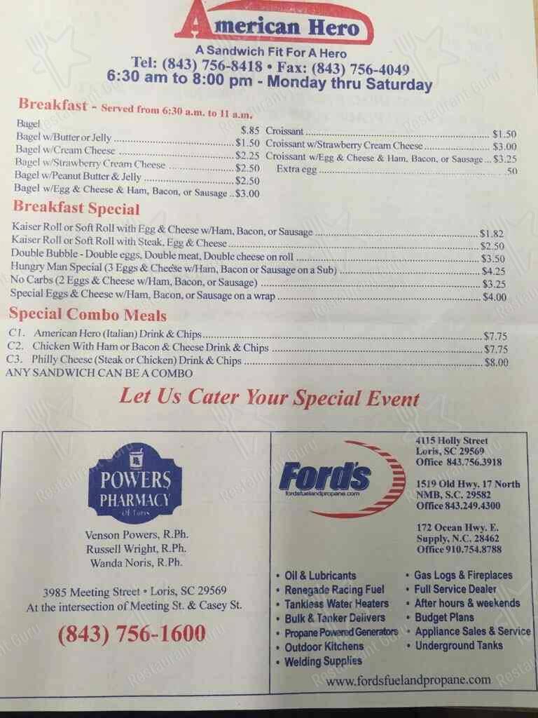 Menu at American Hero Subs & Bagels restaurant, Loris