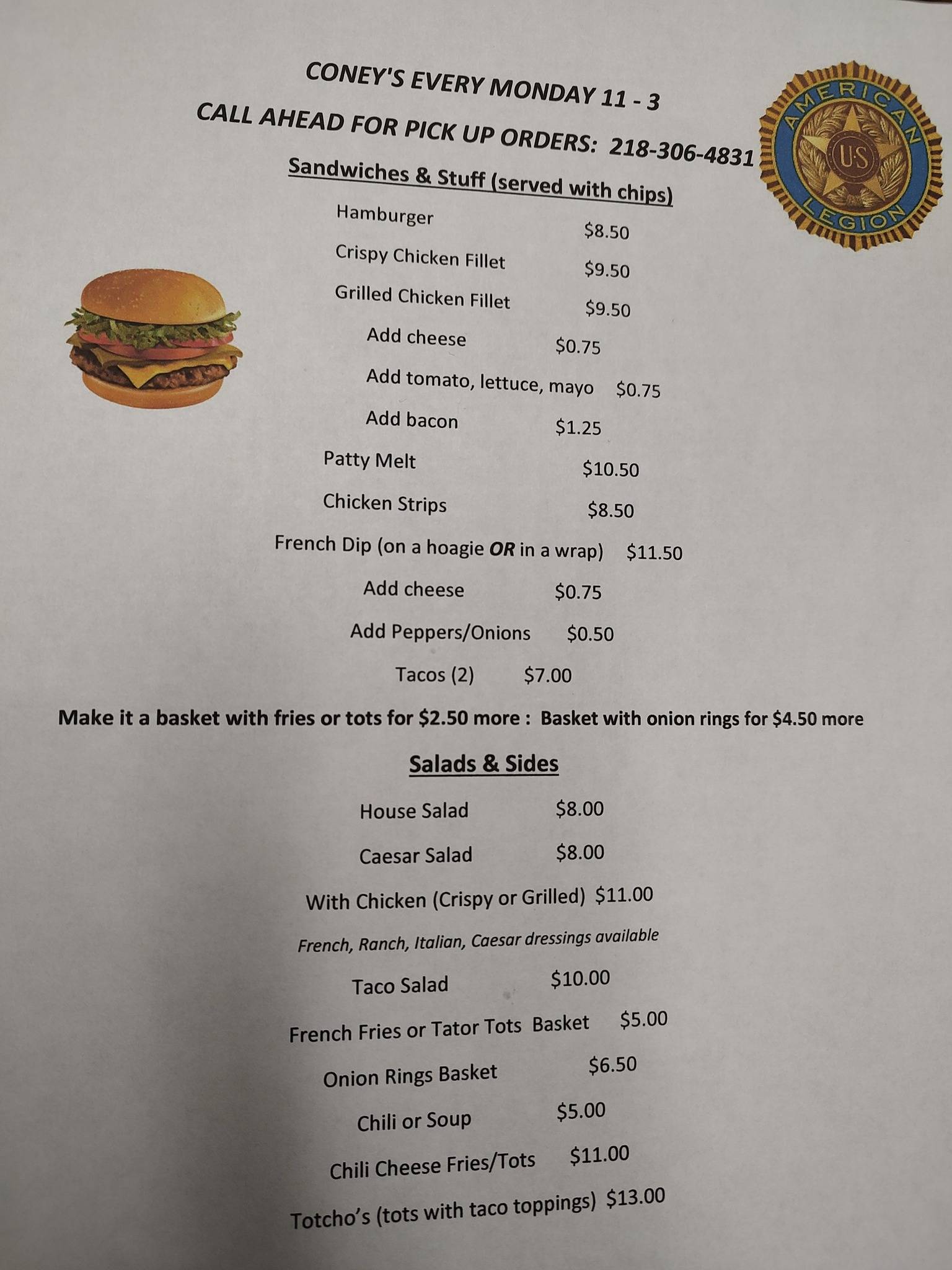 Menu at American Legion Post 109 pub & bar, Two Harbors