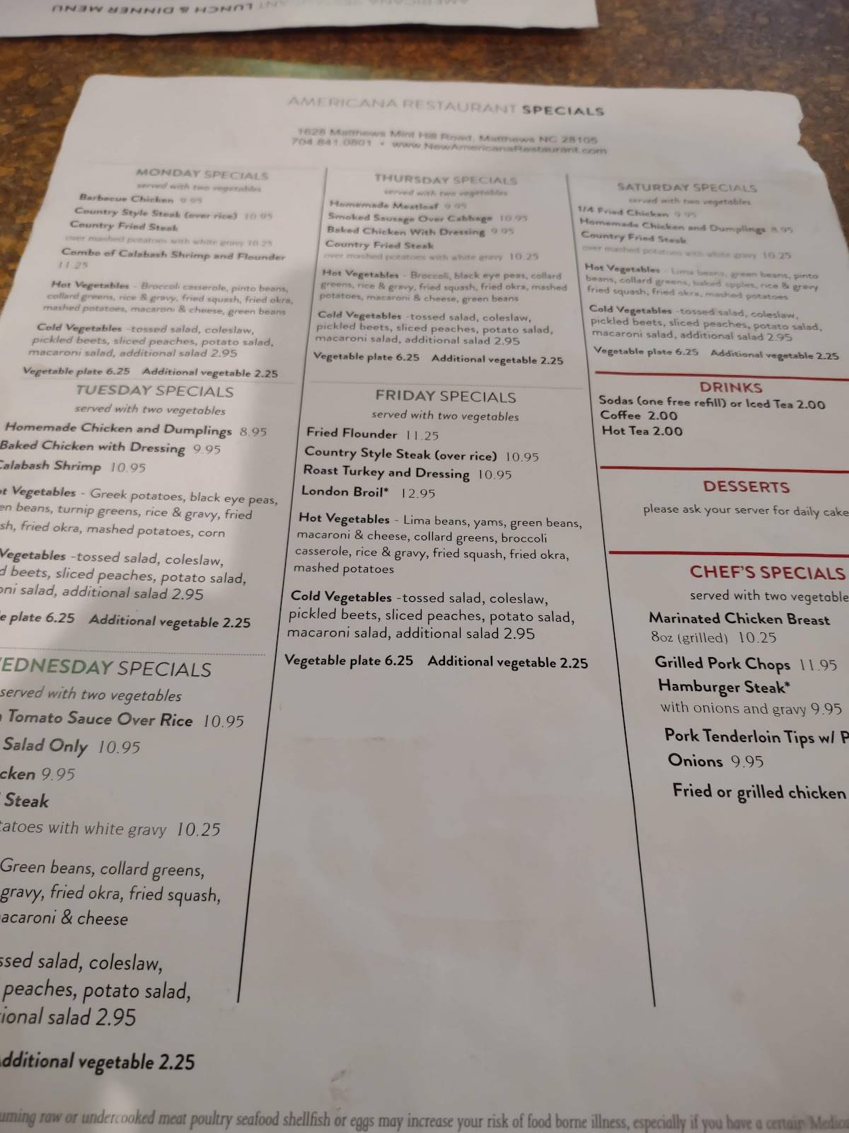 Menu at Americana Restaurant, Matthews, Matthews-Mint Hill Rd
