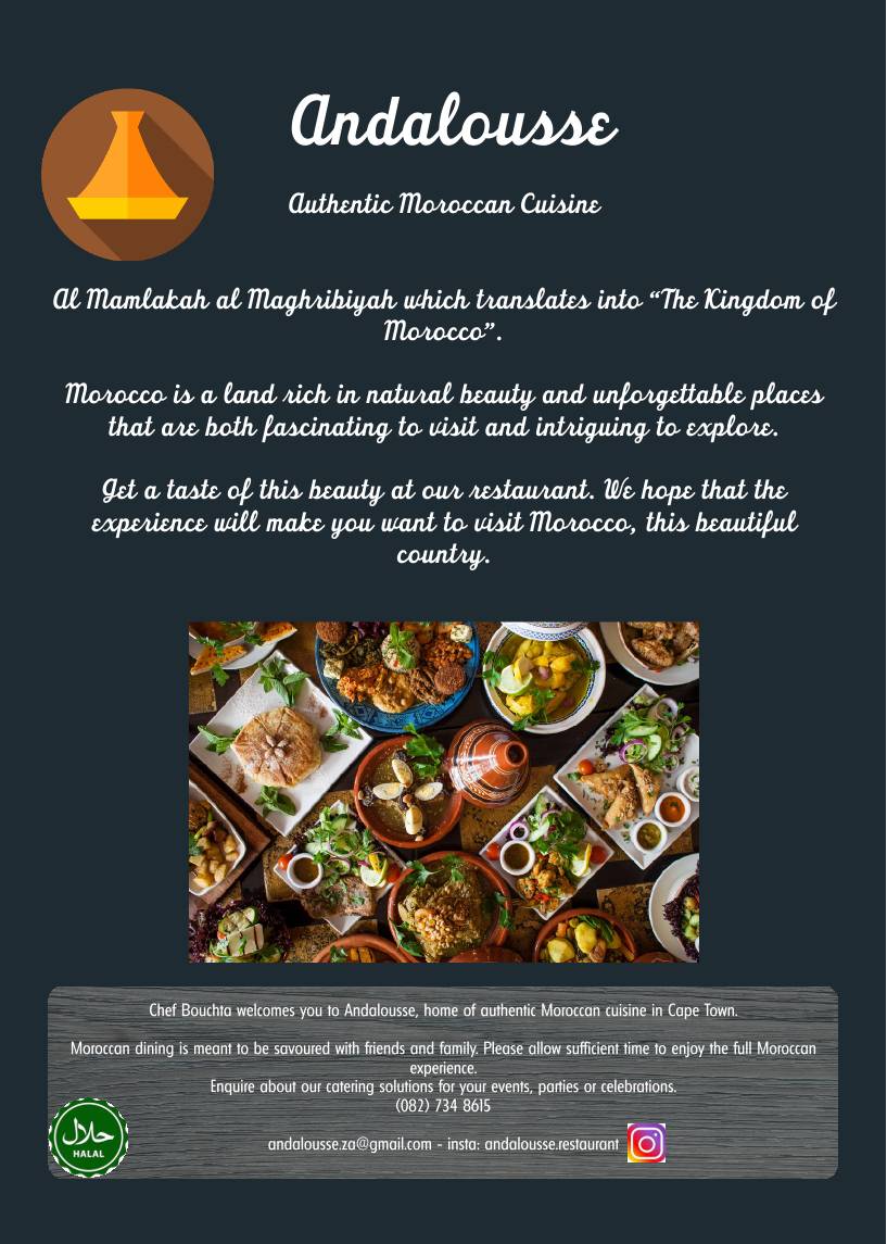 Menu at Andalousse Moroccan Restaurant, Cape Town, 174 Main Rd