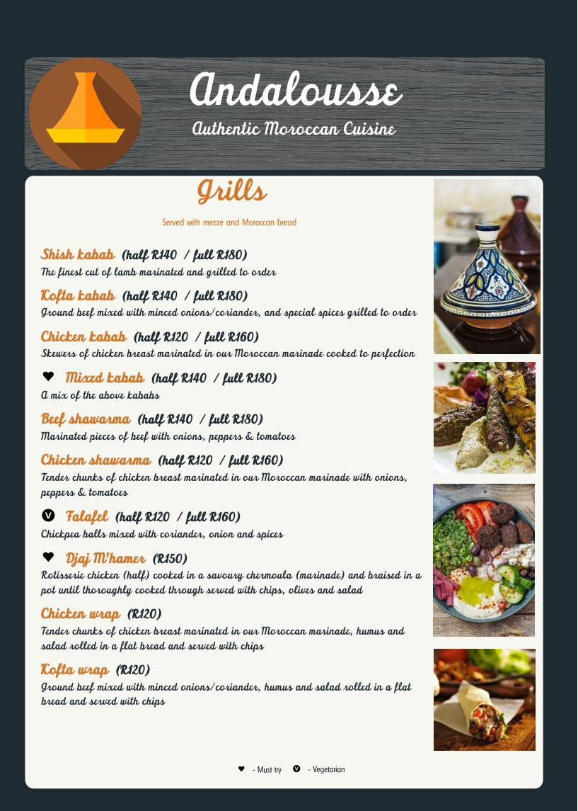 Menu at Andalousse Moroccan Restaurant, Cape Town, 174 Main Rd