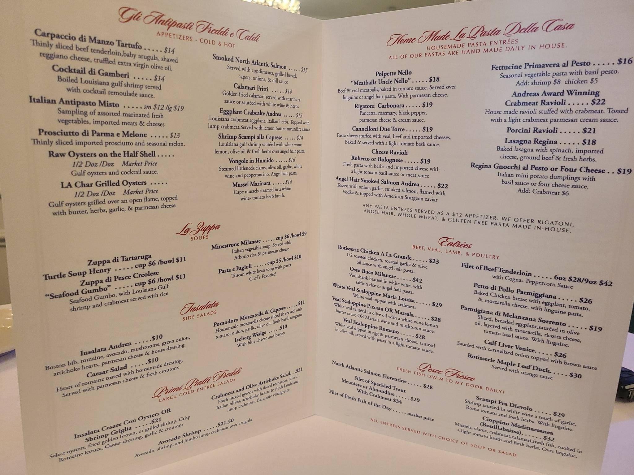 Menu at Andrea's Restaurant, Metairie