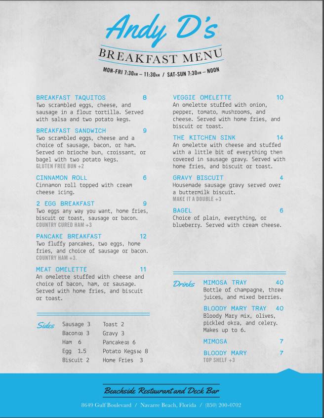 Menu at Andy D's Beachside Restaurant & Deck Bar, Navarre