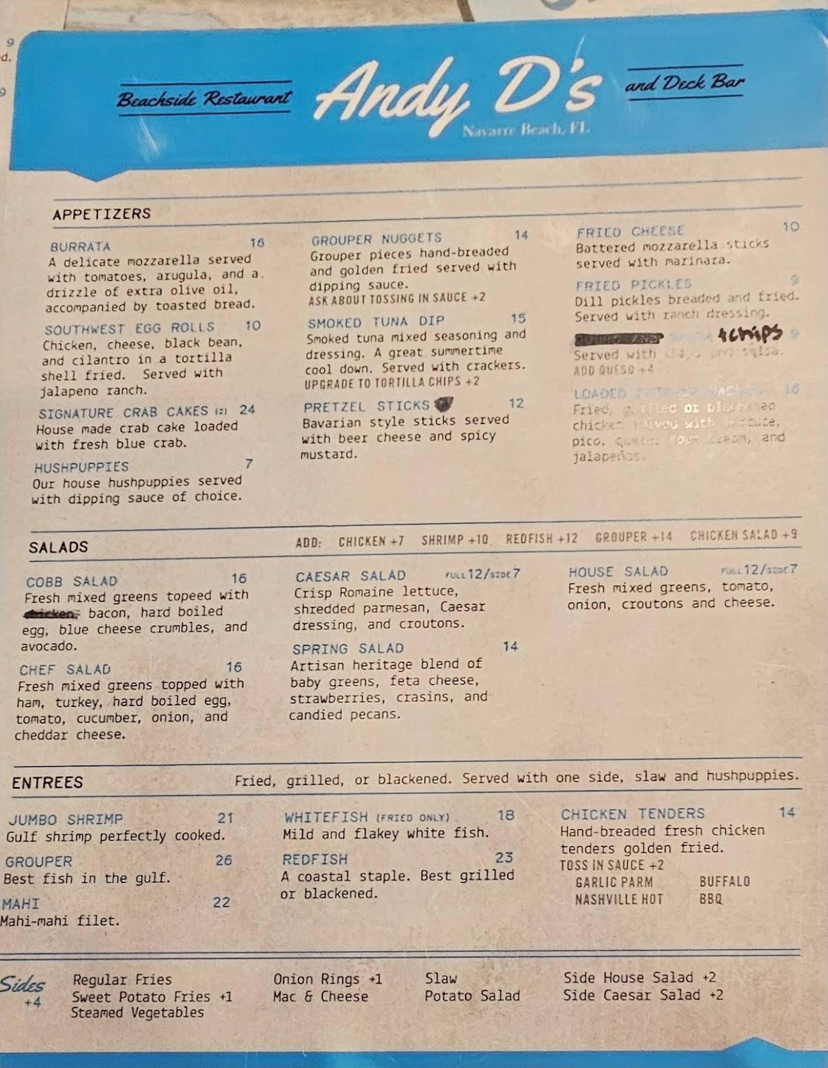 Menu at Andy D's Beachside Restaurant & Deck Bar, Navarre
