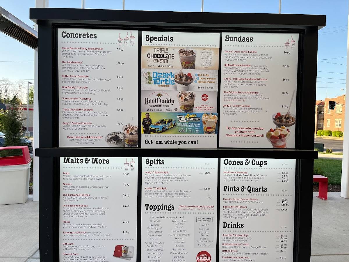 Menu at Andy's Frozen Custard desserts, Springfield, 509 S National Ave