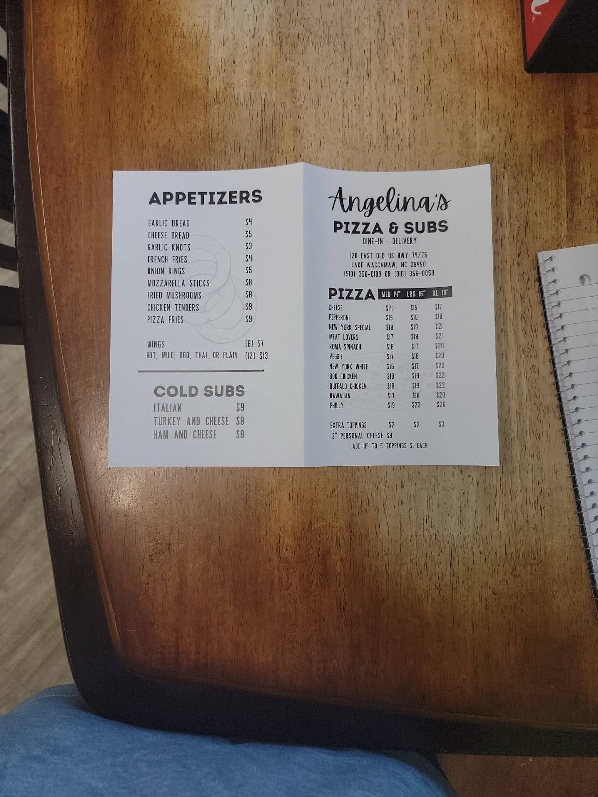 Menu at Angelina's Pizza and Subs pizzeria, Lake Waccamaw