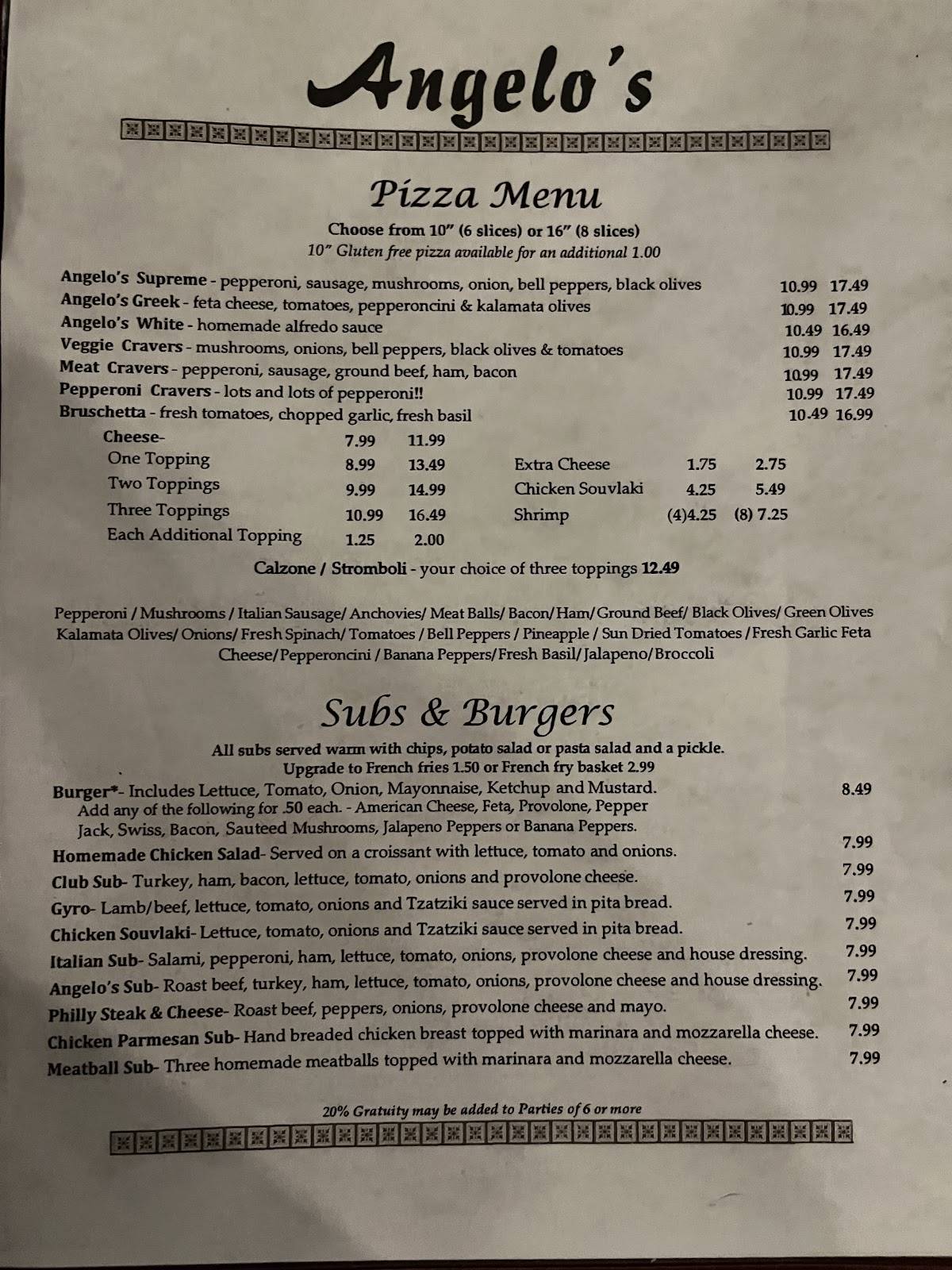 Menu at Angelo's Greek and Italian pizzeria, Batesburg-Leesville