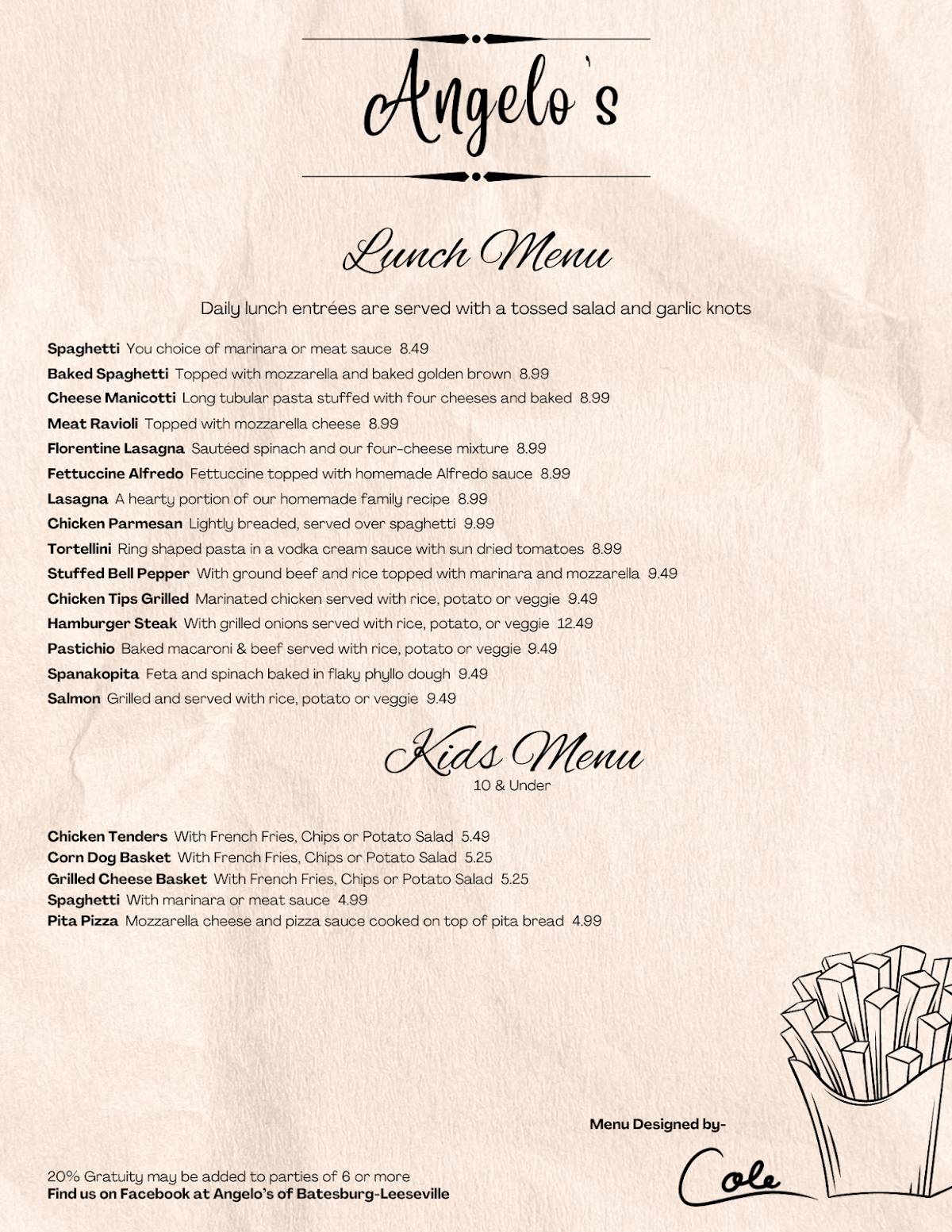 Menu at Angelo's Greek and Italian pizzeria, Batesburg-Leesville