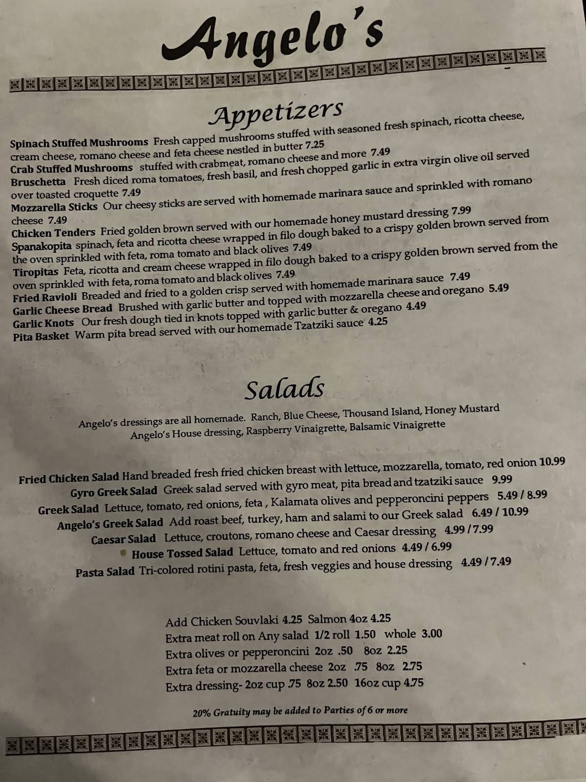 Menu at Angelo's Greek and Italian pizzeria, Batesburg-Leesville