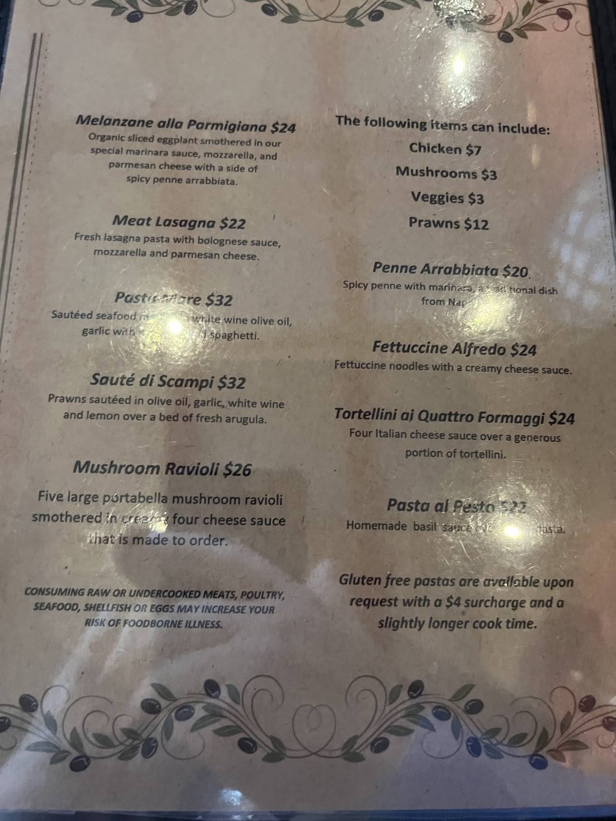 Menu at Angelo's Italy restaurant, Bandon