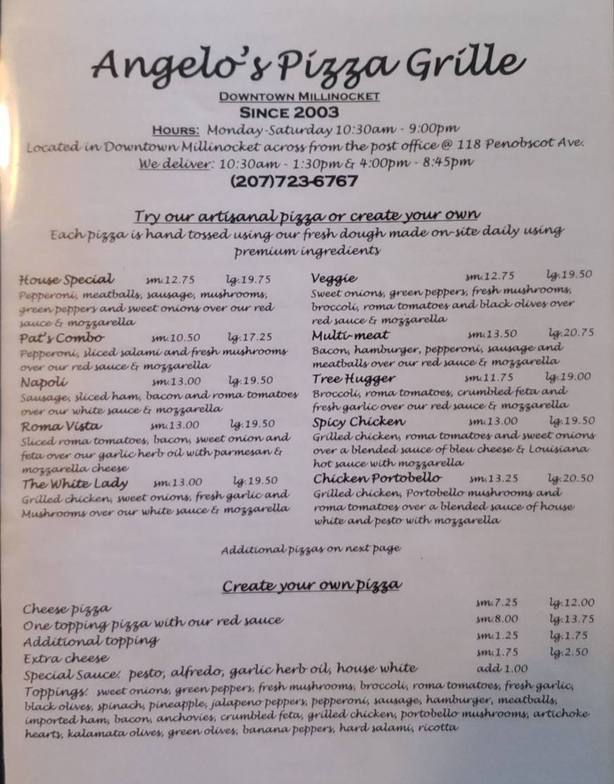 Menu at Angelos Pizza Grille pizzeria, Millinocket