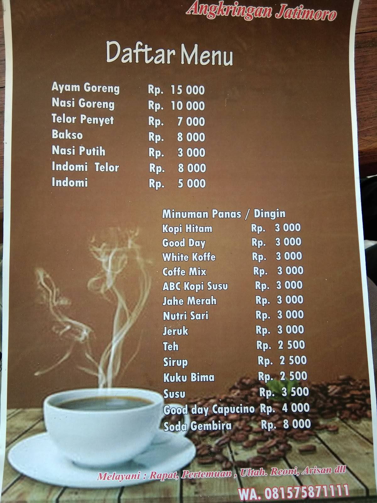 Menu at Angkringan Jatimoro restaurant, Kalongan