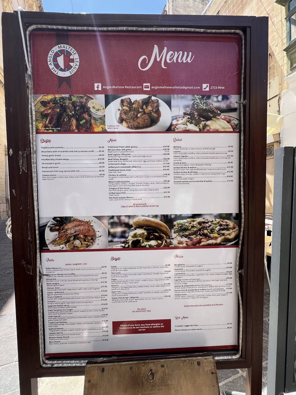 Menu at Anglo-Maltese Restaurant, Valletta