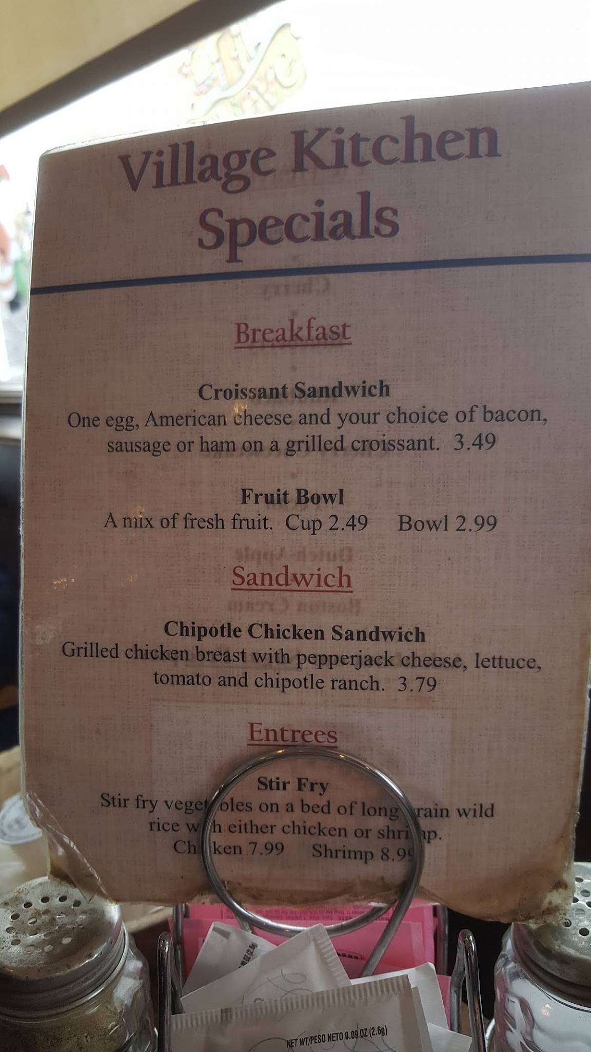 Menu at Village Kitchen restaurant, Angola