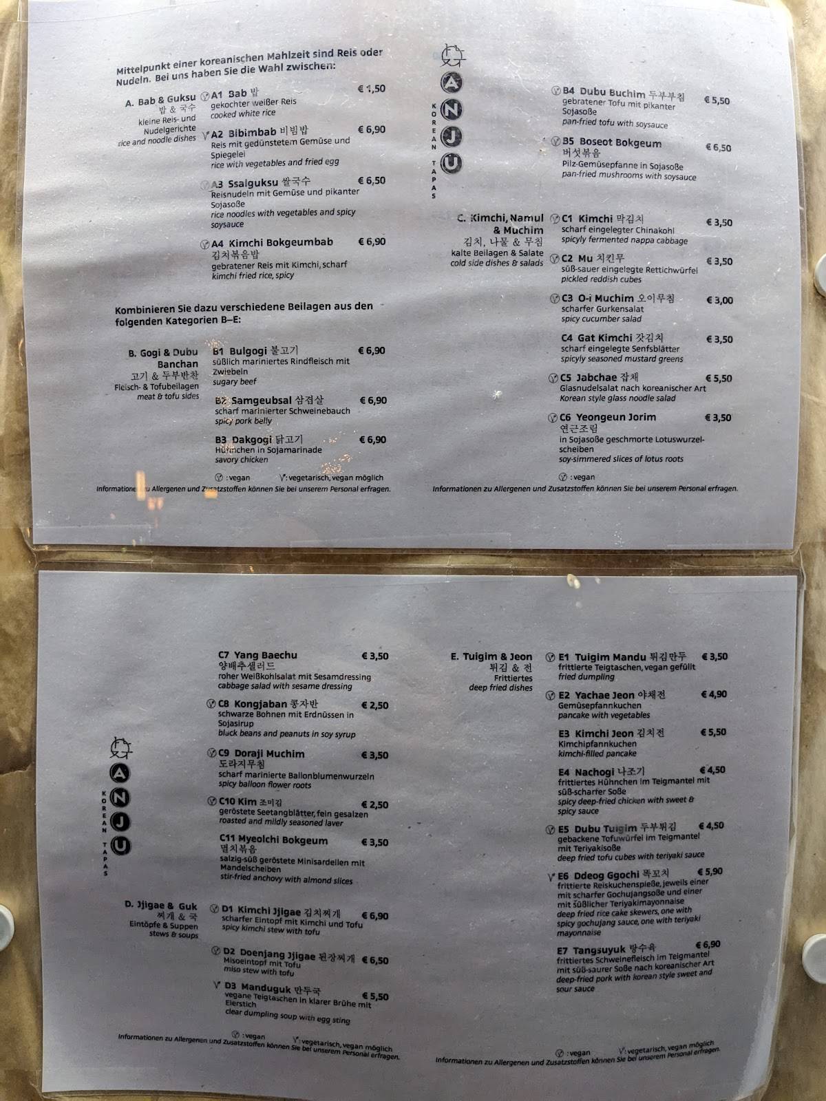 Speisekarte von Anju pub & Bar, Köln