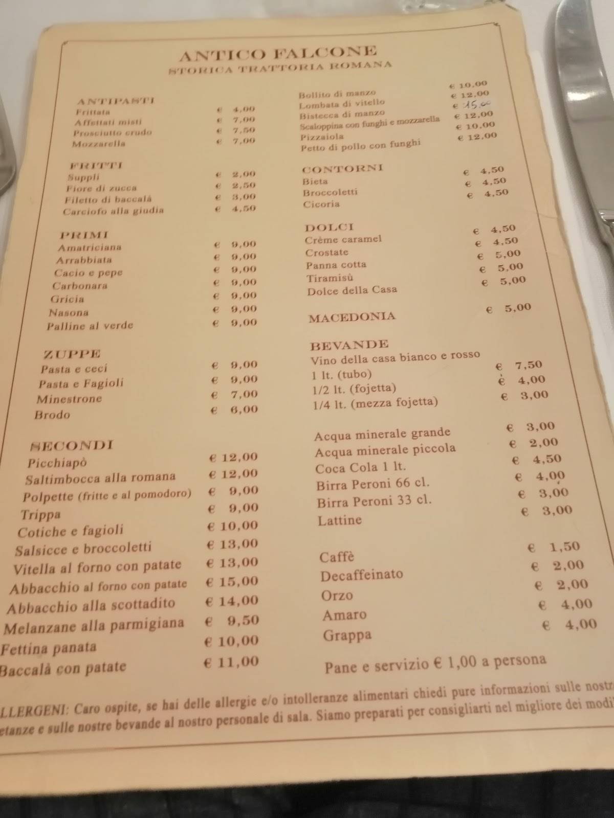 Menu da Trattoria Antico Falcone ristorante, Roma, Via Trionfale