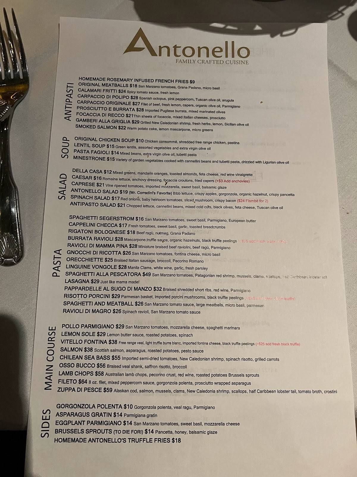 Menu at Antonello Ristorante pub & bar, Santa Ana