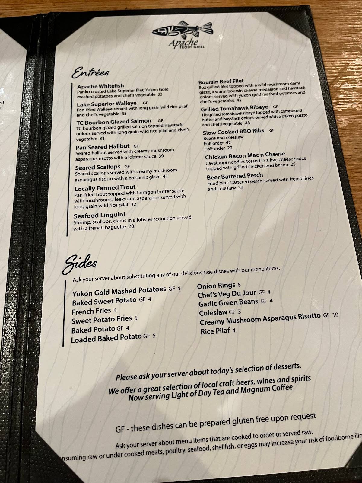 Menu at Apache Trout Grill pub & bar, Traverse City