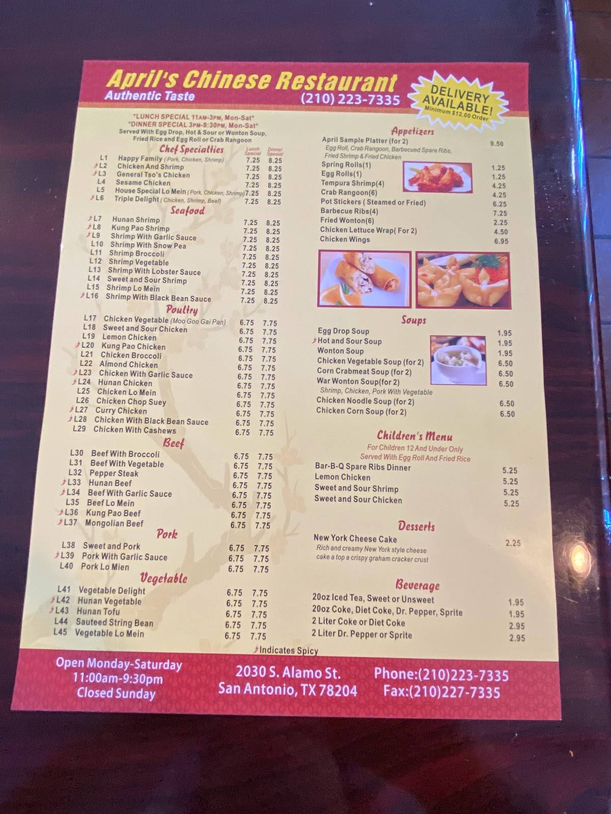 Menu at April's Chinese Restaurant, San Antonio