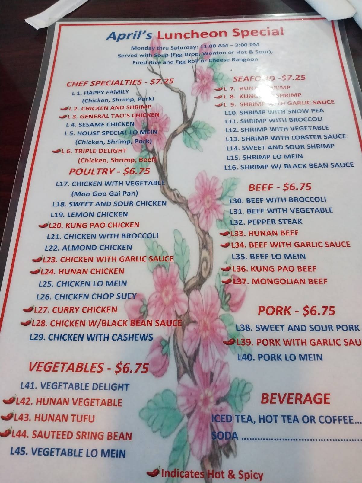 Menu at April's Chinese Restaurant, San Antonio