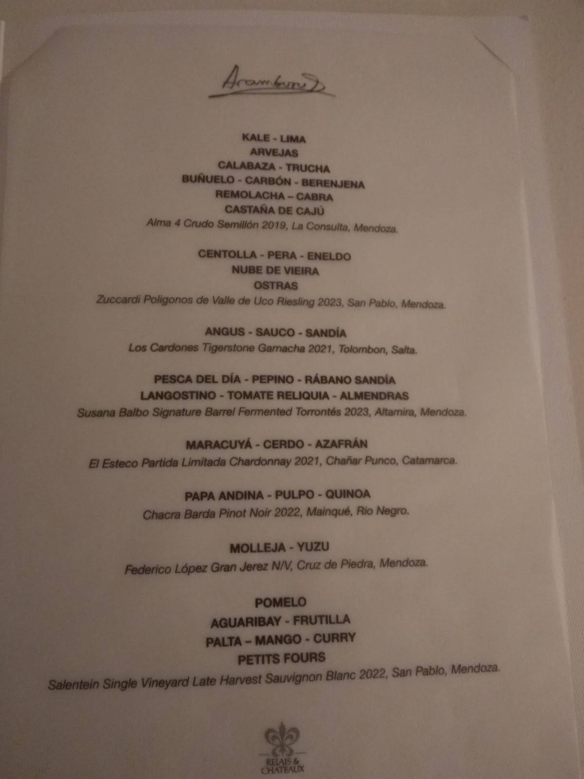 Carta de parrilla Aramburu Relais & Châteaux, Buenos Aires, Vicente ...