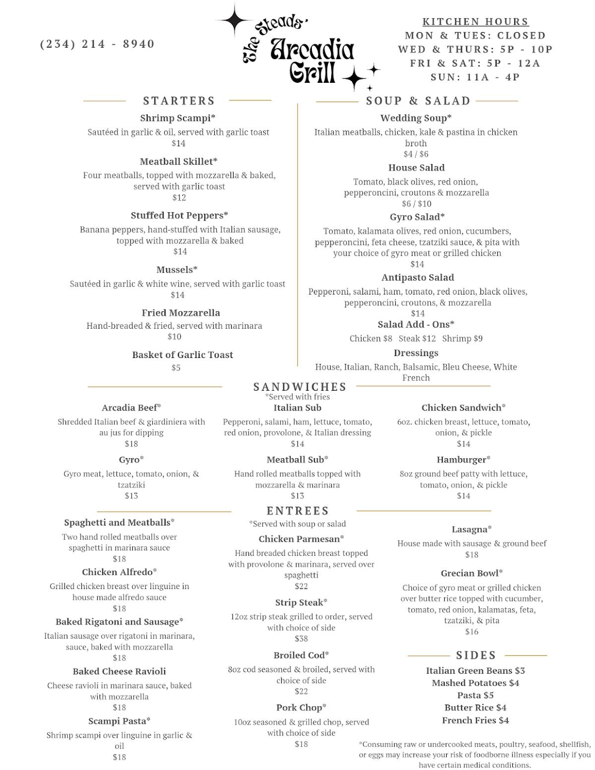 Menu at Arcadia Grille restaurant, Canton