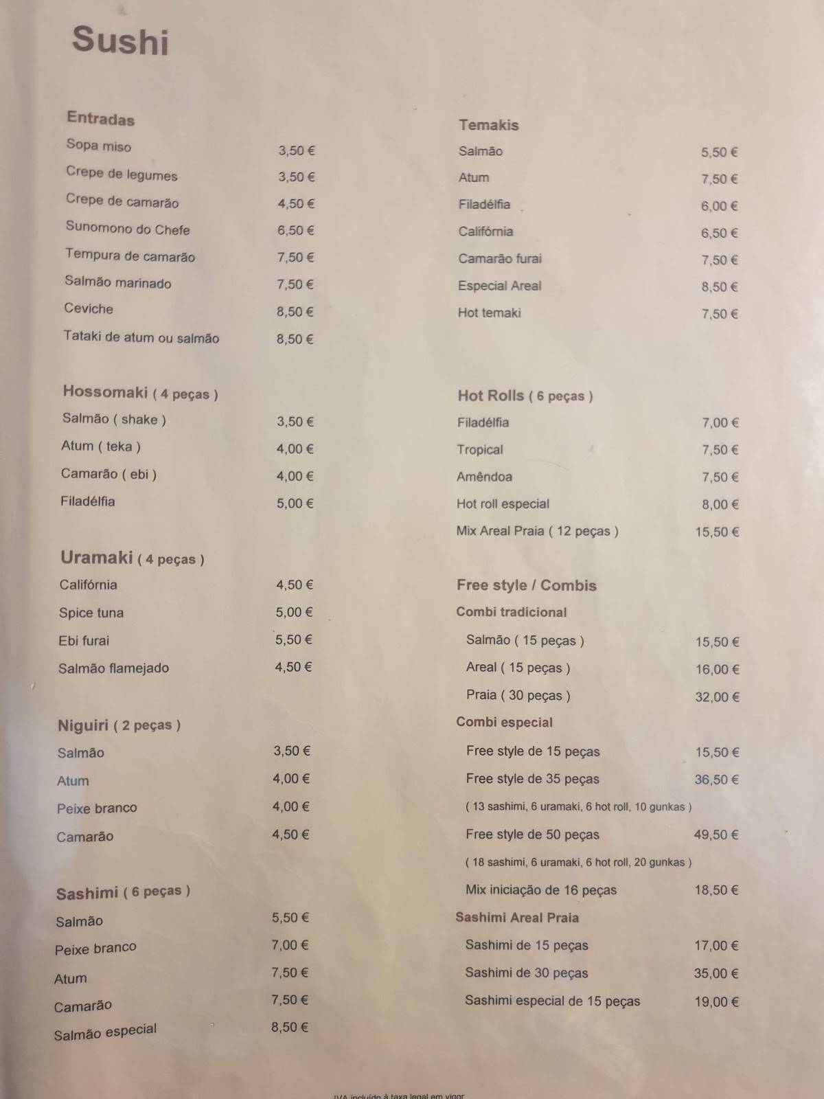 Menu em Areal Praia restaurante, Arcozelo