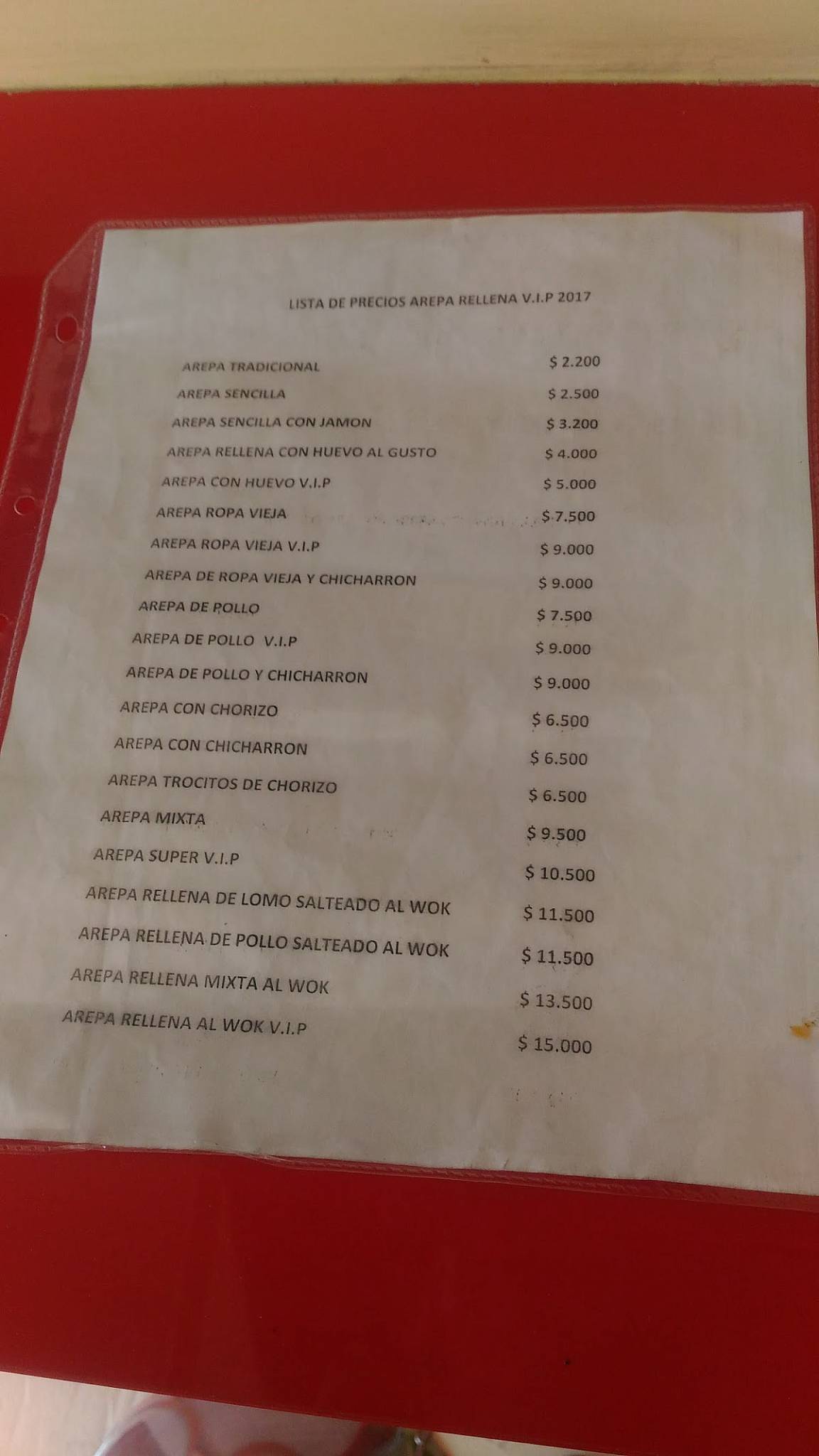 Carta del restaurante Arepas Rellena Vip, Bogotá