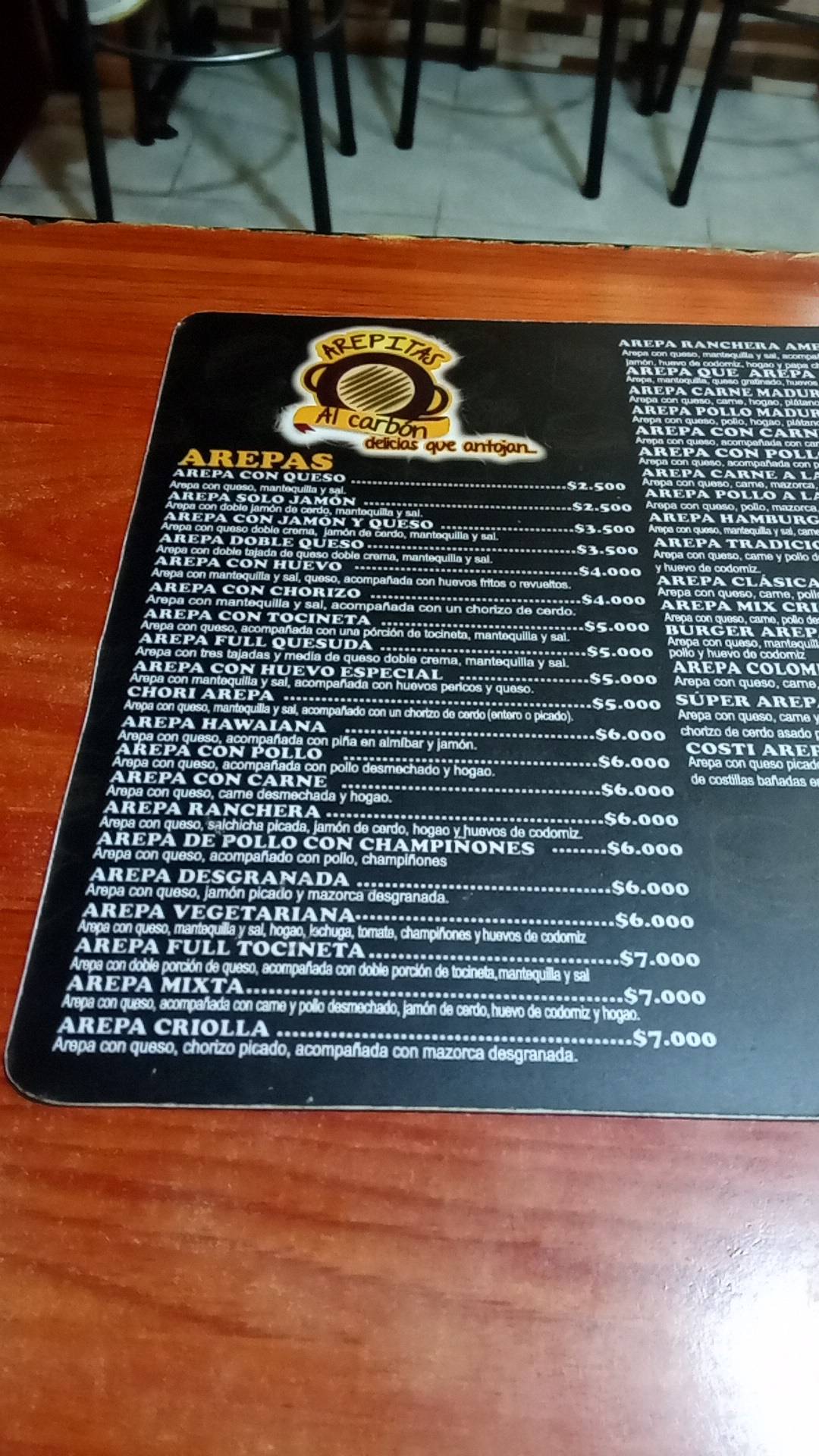 Carta del restaurante Arepitas Al Carbon, Bogotá