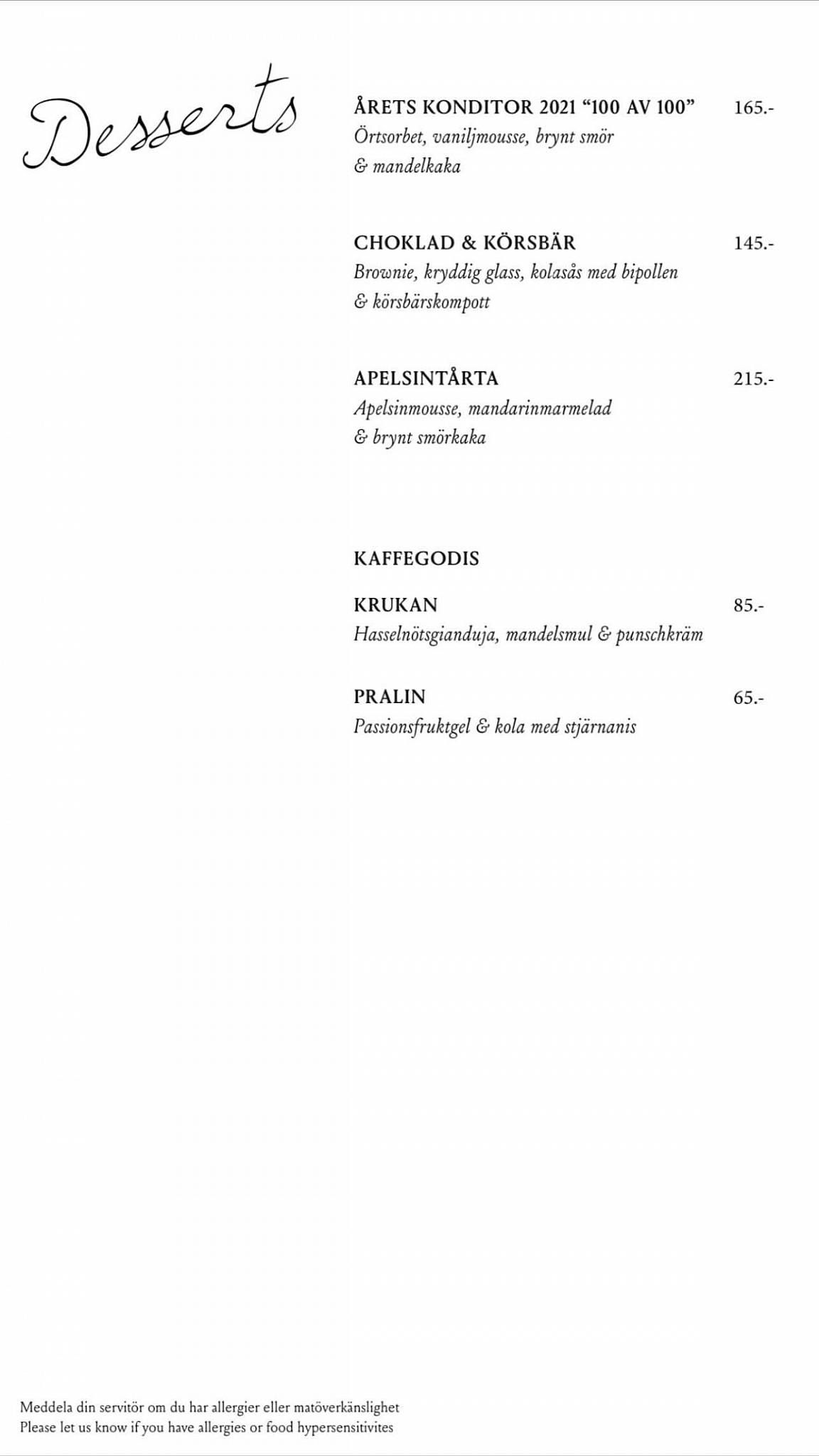 Menu at Aristo restaurant, Stockholm