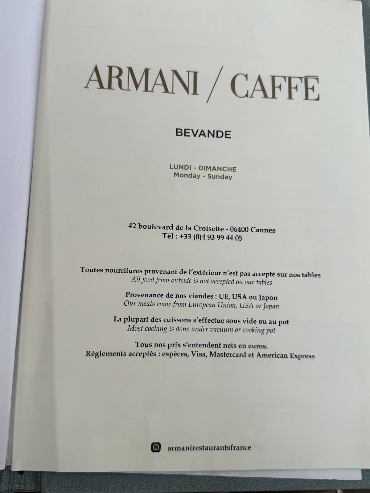 Menu at Armani/Caffè cafe, Cannes, Bd de la Croisette 42/43 Bd