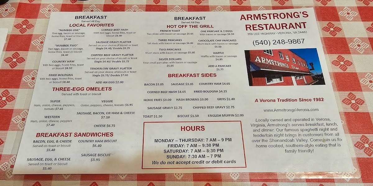 Menu at Armstrong's restaurant, Verona
