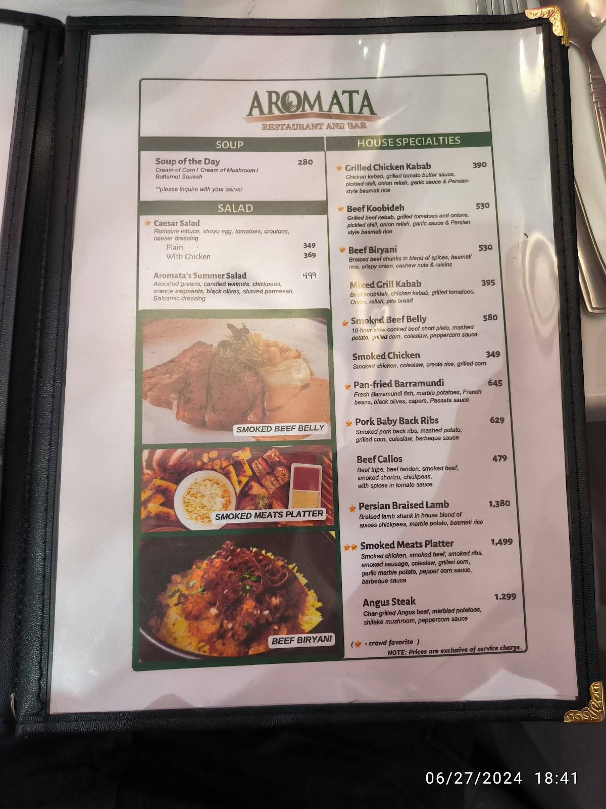 Menu at Aromata restaurant, Quezon City