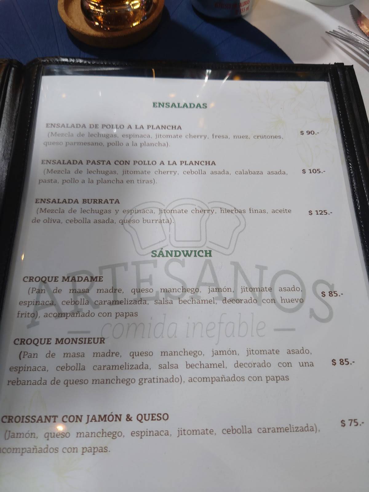Menu at Artesanos restaurant, Naucalpan