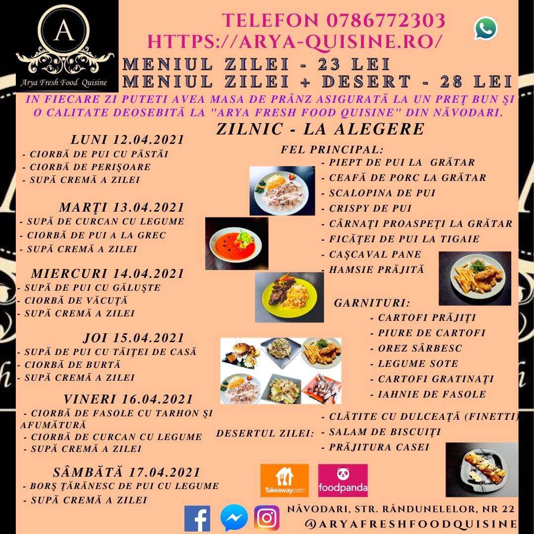Carta de Arya fresh Food Quisine, Năvodari