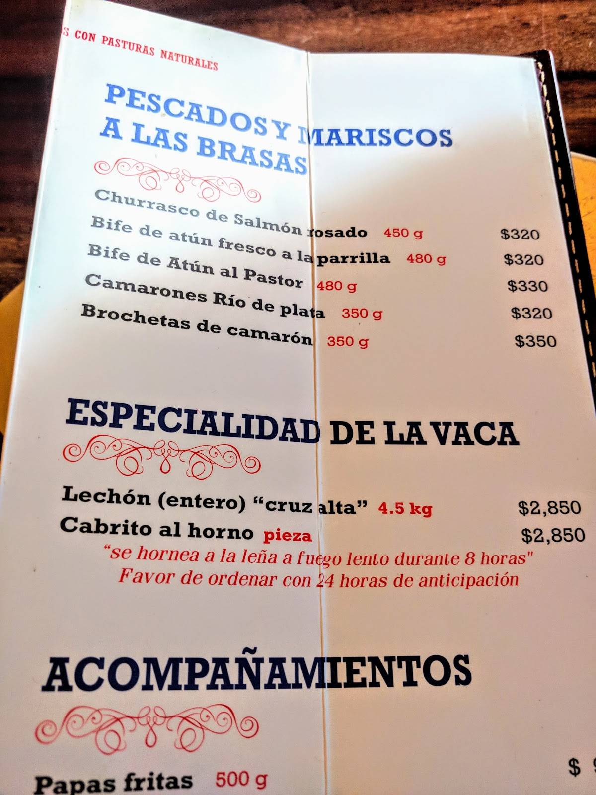 Carta de parrilla La Vaca Argentina, Saltillo