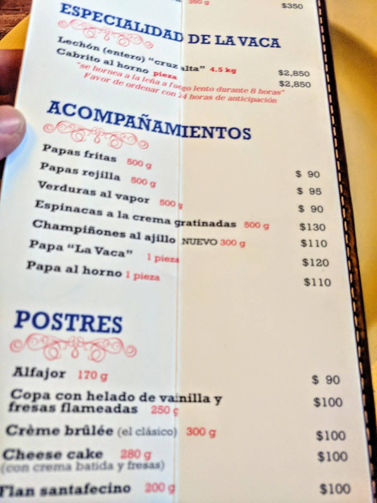 Carta de parrilla La Vaca Argentina, Saltillo