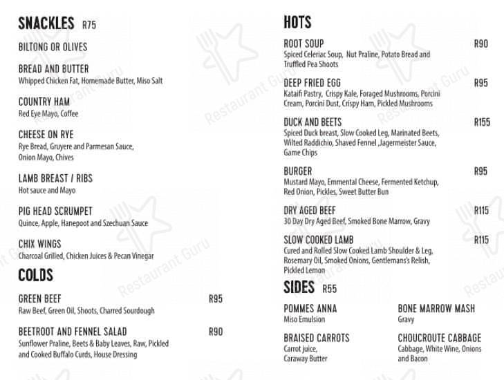 Menu at Ash steakhouse, Cape Town, 81 Church Street