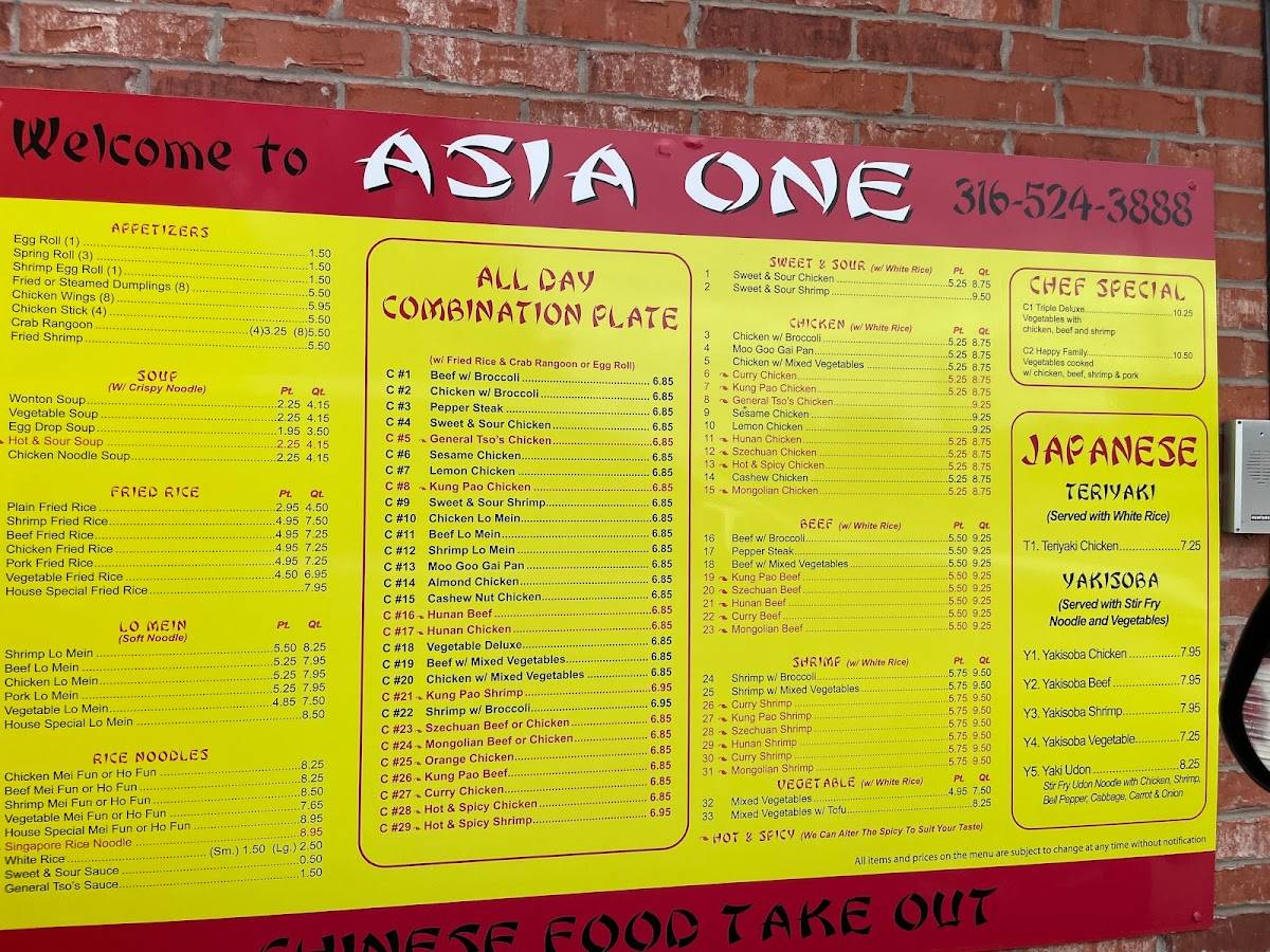 Menu at Asia One restaurant, Wichita, S Seneca St suite 100