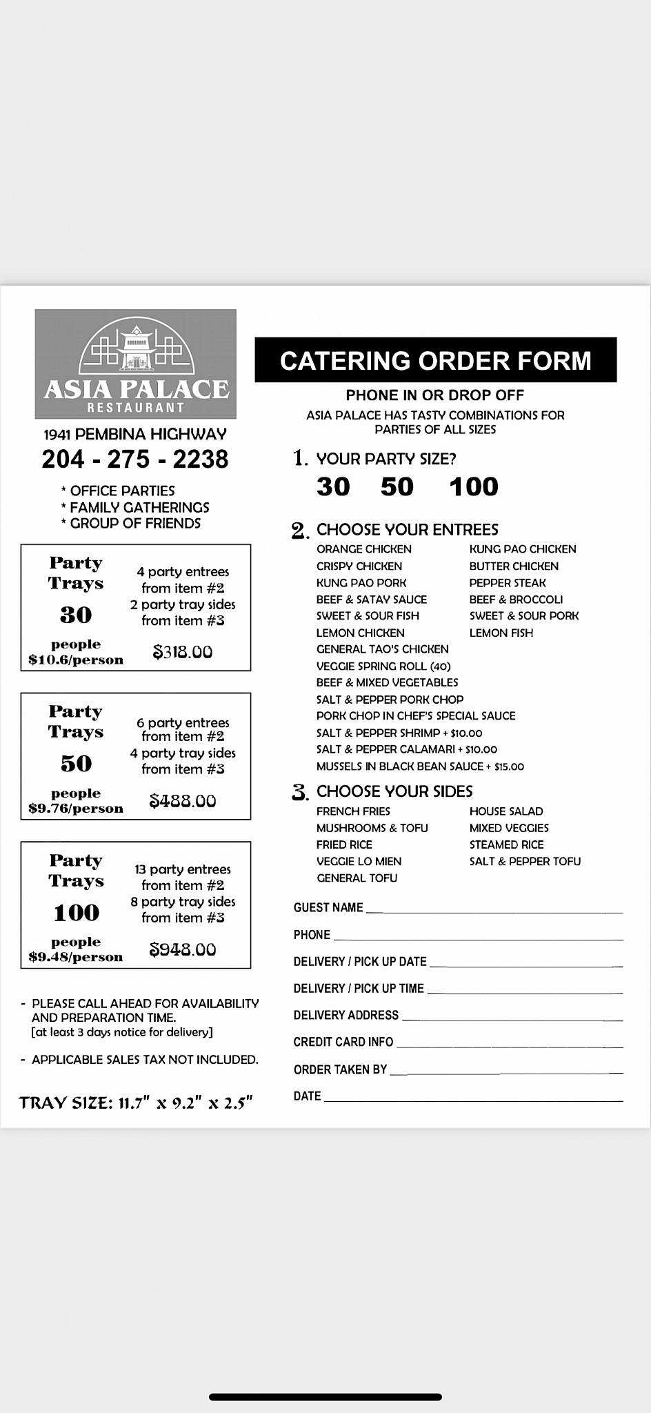 Menu at Asia Palace restaurant, Winnipeg, Pembina Hwy