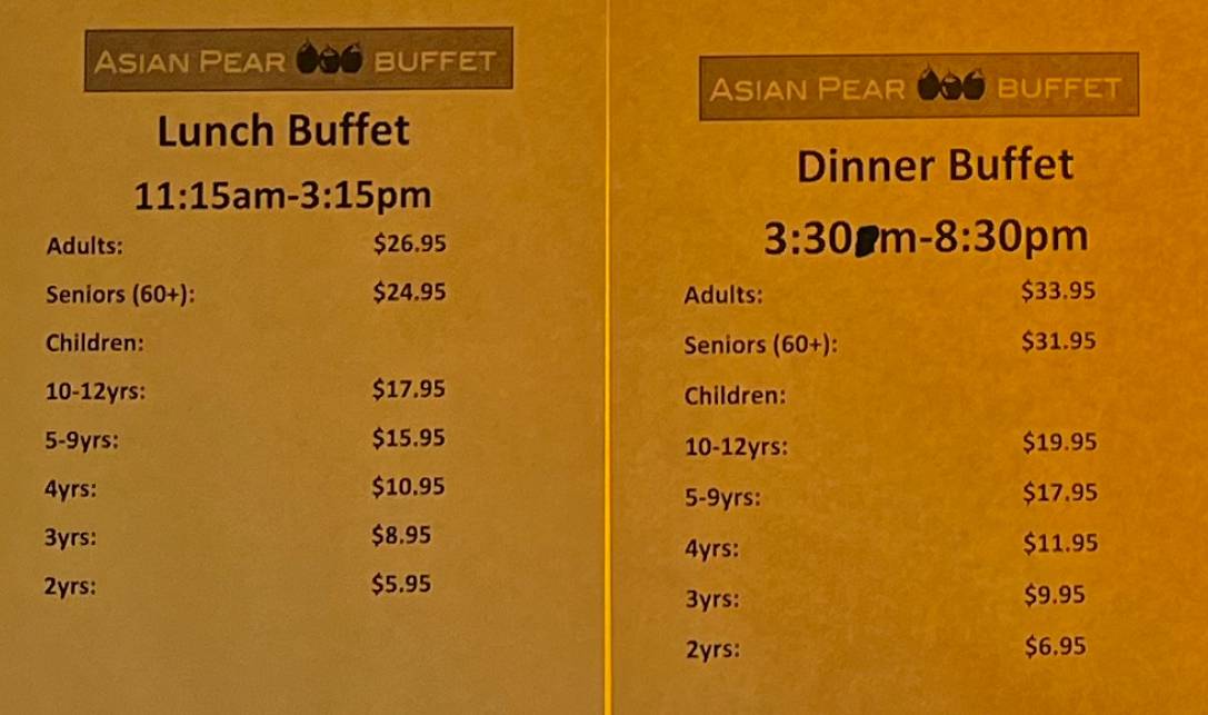 Menu at Asian Pear Buffet restaurant, Kelowna, Harvey Ave