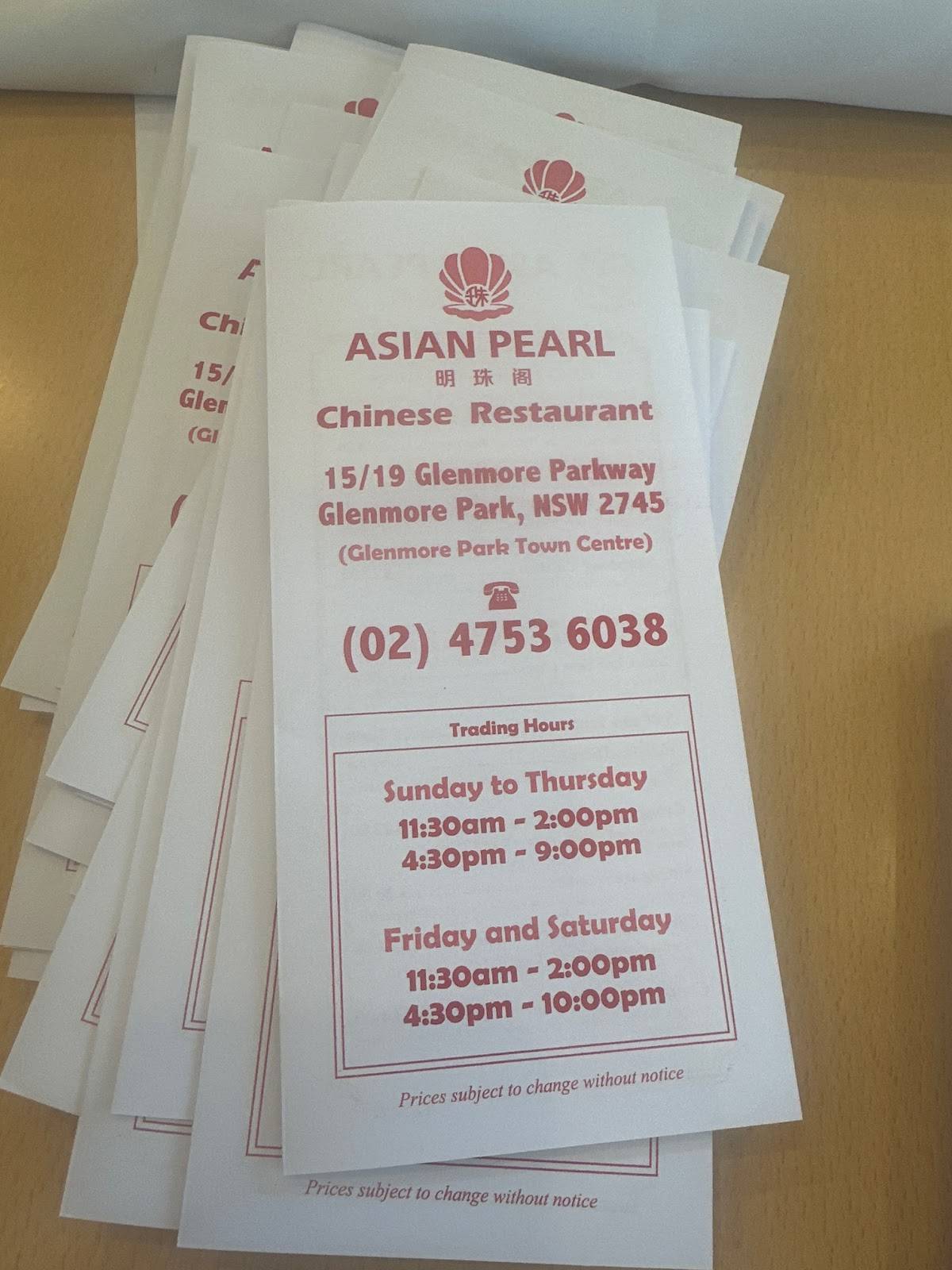 Menu at Asian Pearl Chinese Restaurant, Glenmore Park, 15/19 Glenmore Pkwy