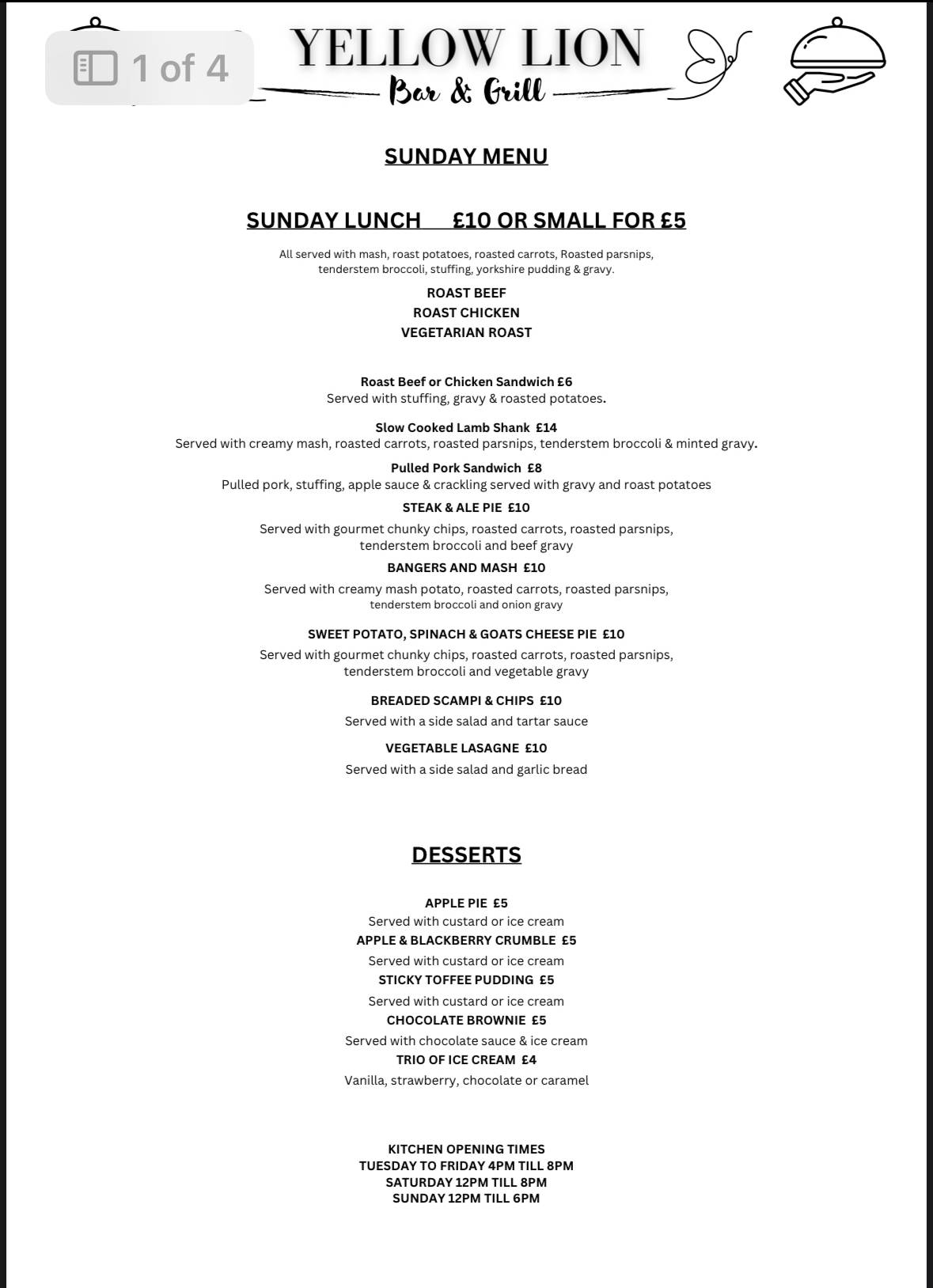 Menu at Yellow Lion pub & bar, Sheffield, Yellow Lion