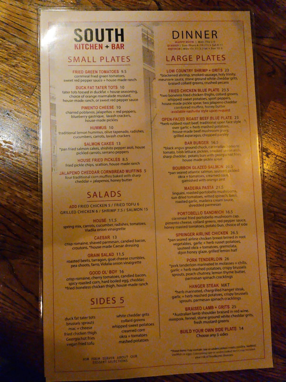 Menu at South Kitchen + Bar, Athens