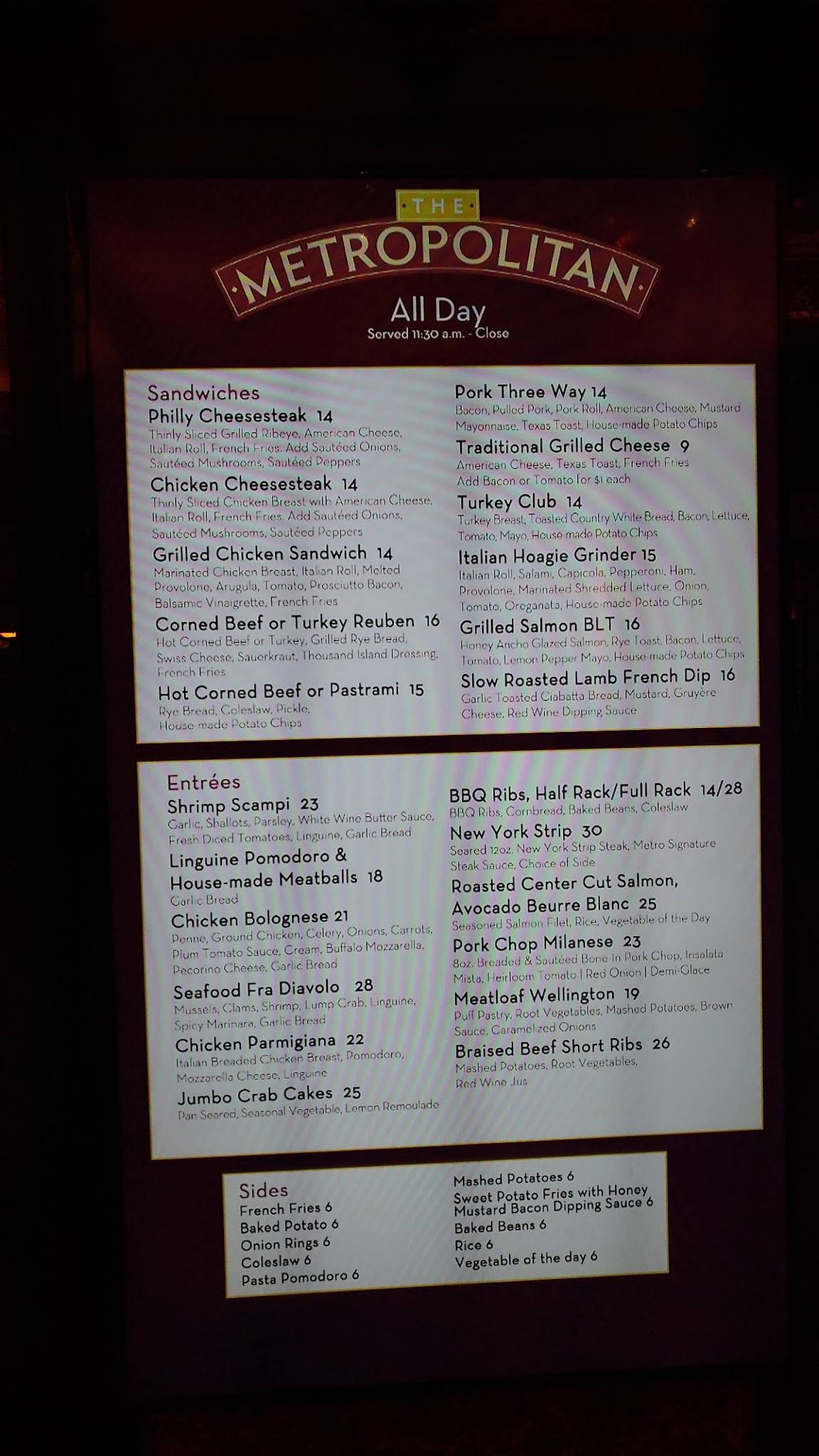 Menu at The Metropolitan restaurant, Atlantic City, Borgata Hotel